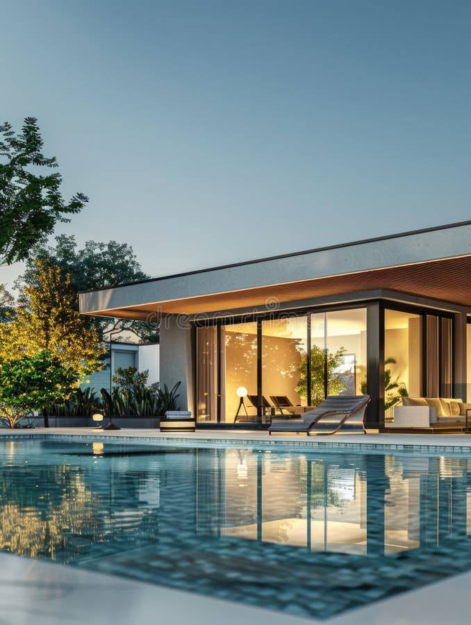 A Relaxing Scene of a House with a Swimming Pool and Lounge Chairs ...