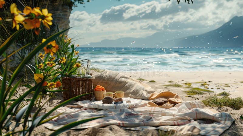 A Relaxing Scene of a Picnic on the Beach with a Beautiful View of the ...