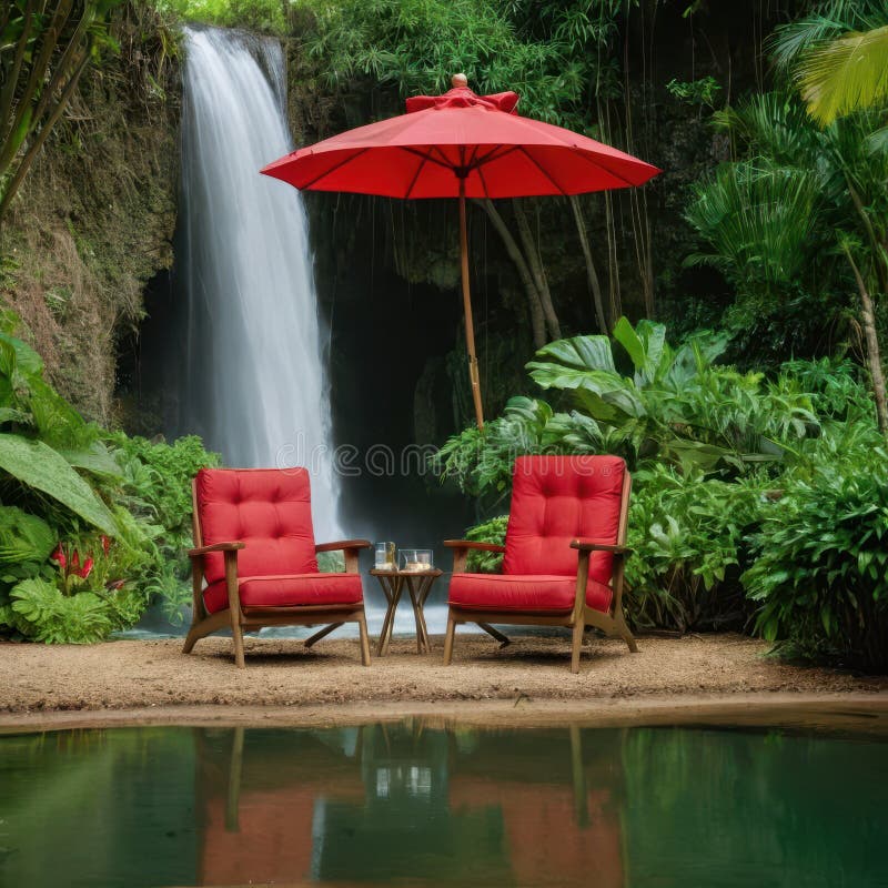 Relaxing Seating by a Tropical Waterfall in Lush Greenery Stock Image ...