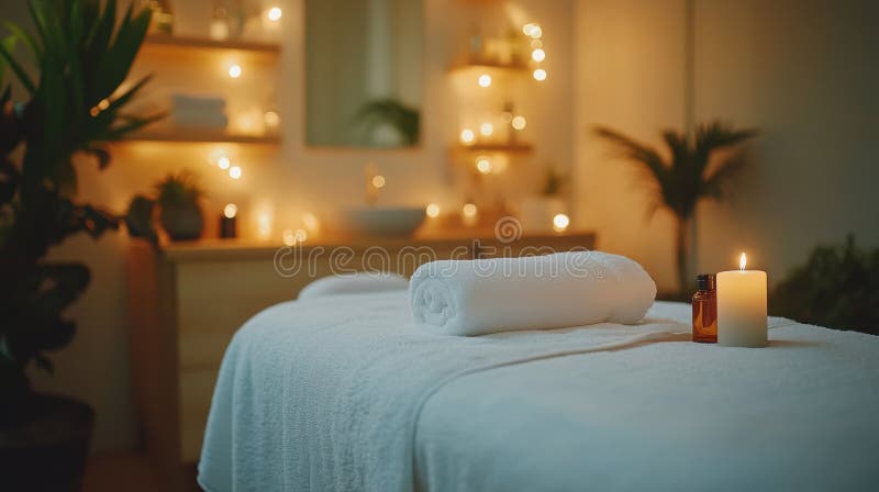 Relaxing Spa Room Featuring a Massage Table with Soft Lighting and ...