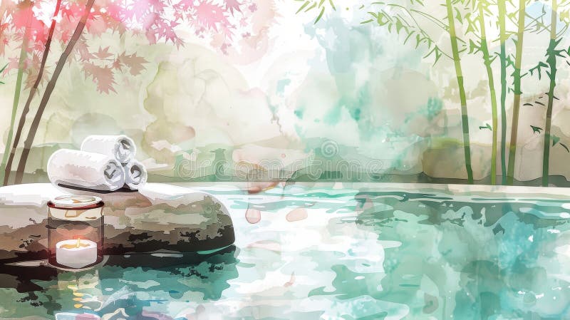 Relaxing Spa Scene Rendered in a Soft Watercolor Palette. Stock ...