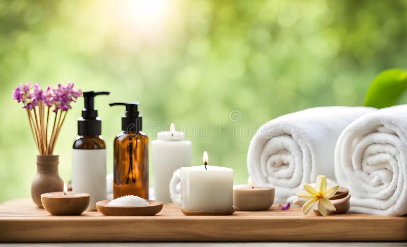 Relaxing Spa Set with Blurred Nature Stock Illustration - Illustration ...