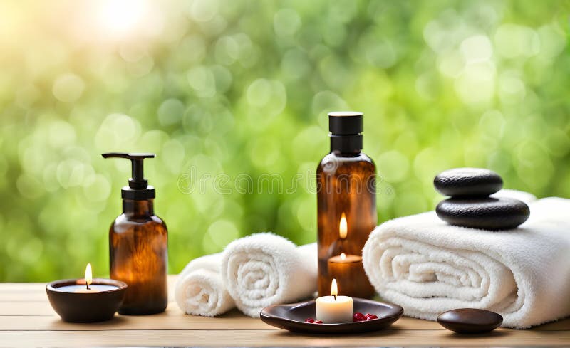 Relaxing Spa Set with Blurred Nature Stock Illustration - Illustration ...