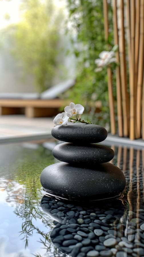 Relaxing Spa Setting with Stacked Stones and Orchids in Tranquil Water ...