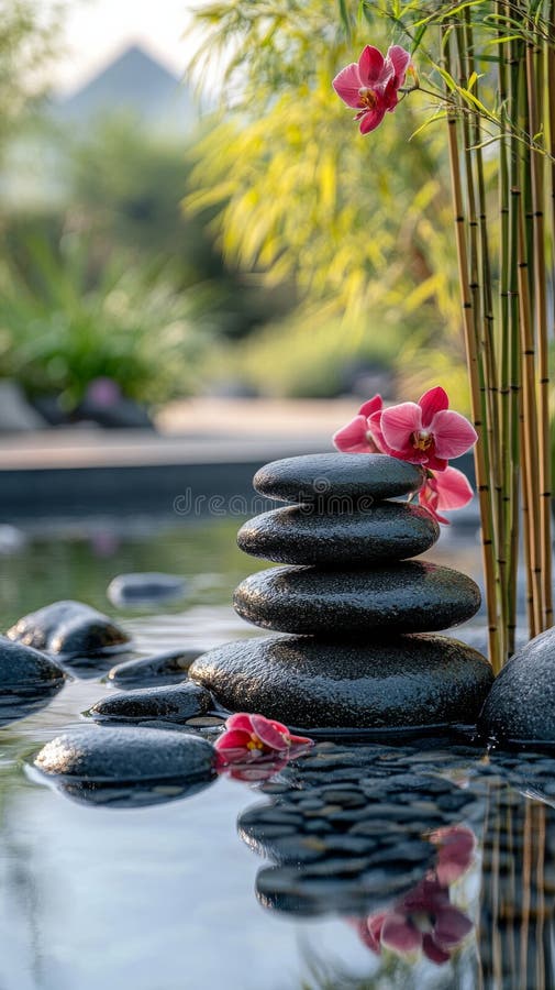 Relaxing Spa Setting with Stacked Stones and Orchids in Tranquil Water ...