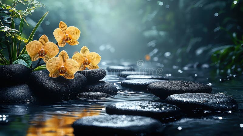 Relaxing Spa Setup with Yellow Orchids and Black Stones by Water Stock ...
