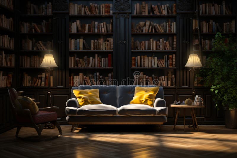 Relaxing Study Reading Room Adorned with a Sofa and Library Stock ...