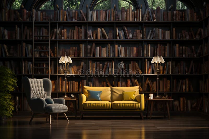 Relaxing Study Reading Room Adorned with a Sofa and Library Stock ...