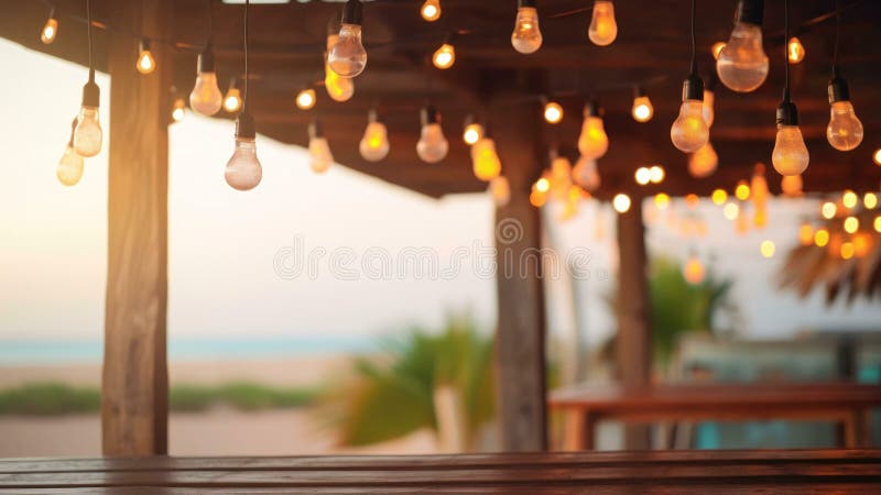 Beachfront Bar at Sunset with String Lights Stock Illustration ...