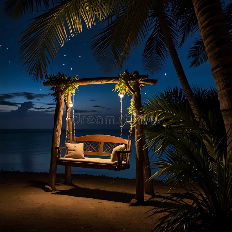 Romantic Beach Swing Under a Starry Night Sky Stock Illustration ...