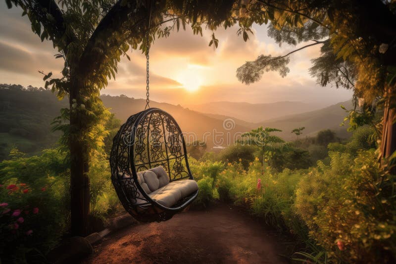 Relaxing Swing with View of the Sunset, Surrounded by Lush Greenery ...