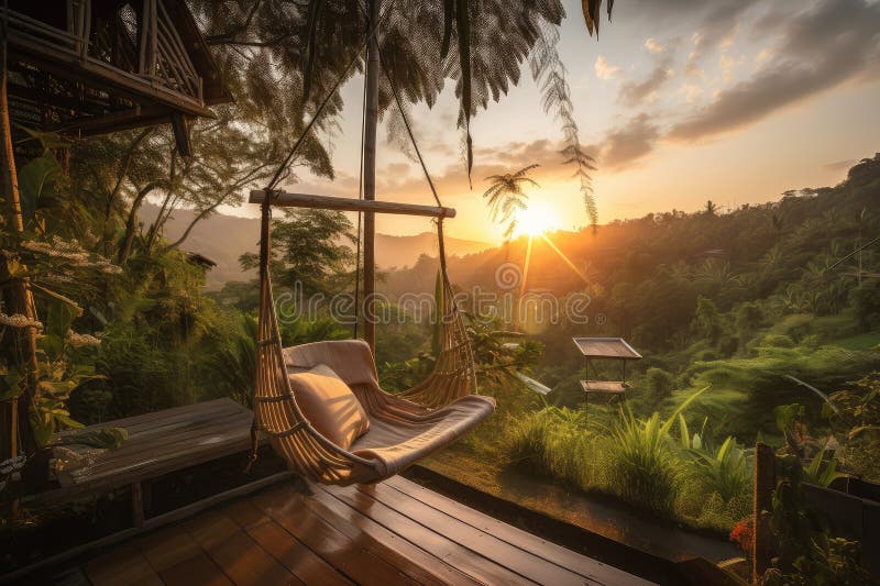 Relaxing Swing with View of the Sunset, Surrounded by Lush Greenery ...