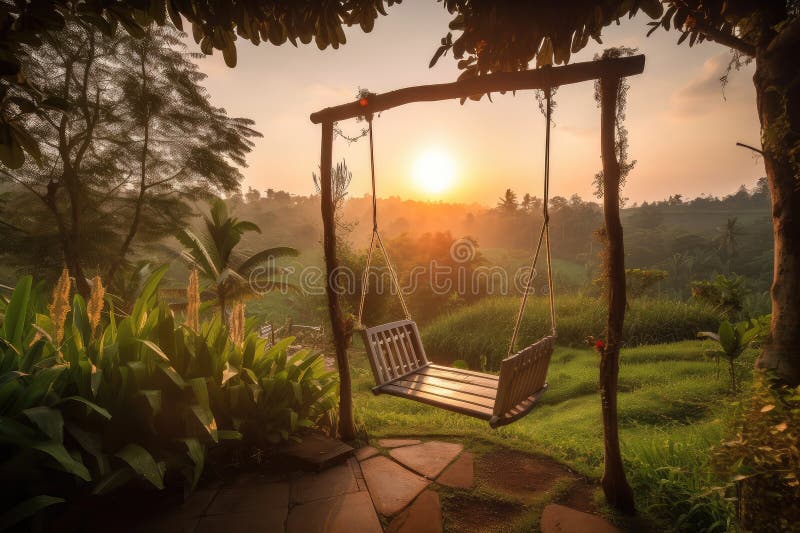Relaxing Swing with View of the Sunset, Surrounded by Lush Greenery ...