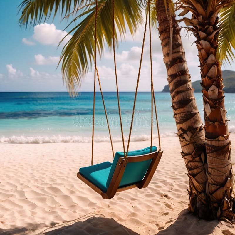 Relaxing Tree Swing on Tropical Beach with Ocean in the Background ...