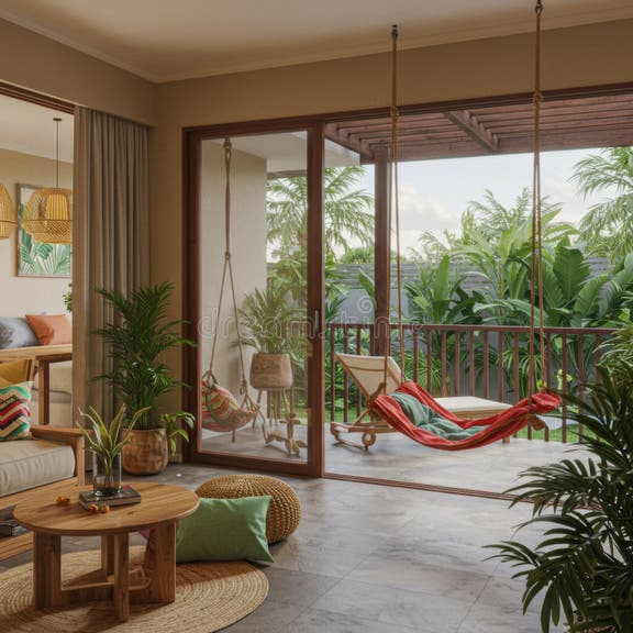 Relaxing Tropical Interior Design with Balcony and Hammock Stock Image ...