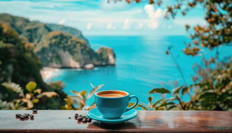 Relaxing Tropical Ocean View Over a Fresh Cup of Coffee on a Wooden ...