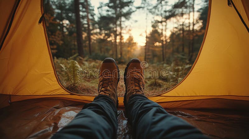 Relaxing View from a Camping Tent at Sunset with Hiking Boots in the ...