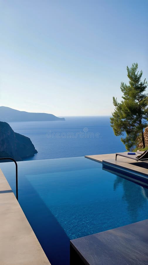 Relaxing View of Infinity Pool Overlooking Serene Ocean and Mountains ...