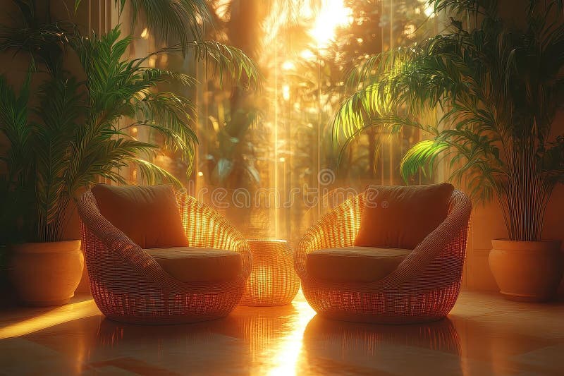 Relaxing in Wicker Chairs with Sunbeams Streaming through Palm Trees ...