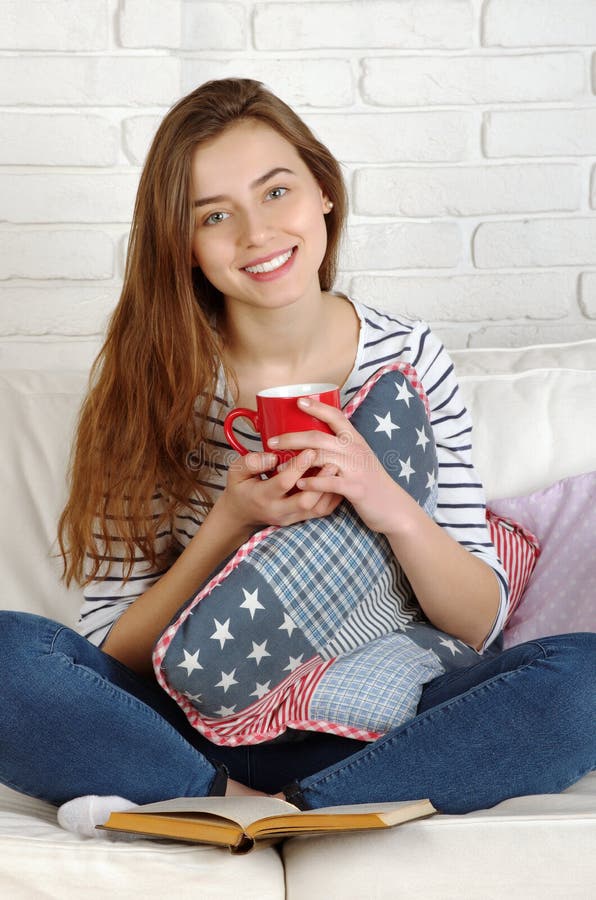 Relaxing Woman Sit Comfortable on Sofa Stock Image - Image of person ...