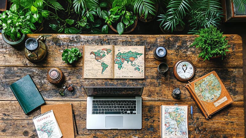 Exploring Maps and Notes in a Cozy Workspace Surrounded by Nature Stock ...