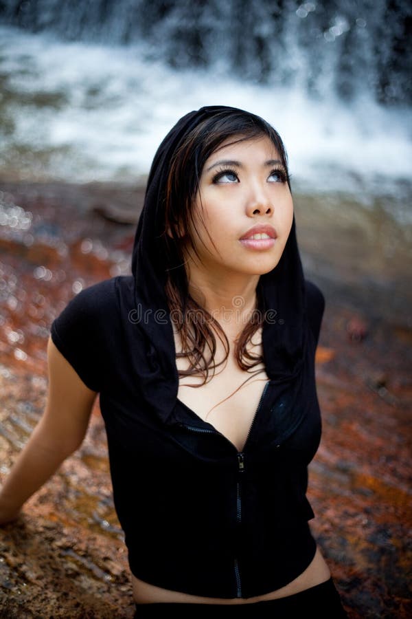 Relaxing Young Woman at Waterfall Stock Photo - Image of waterfall ...
