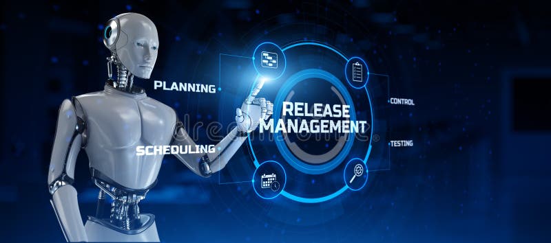 Release Management Agile Development Concept. Robot Pressing Button on Virtual Screen Stock ...
