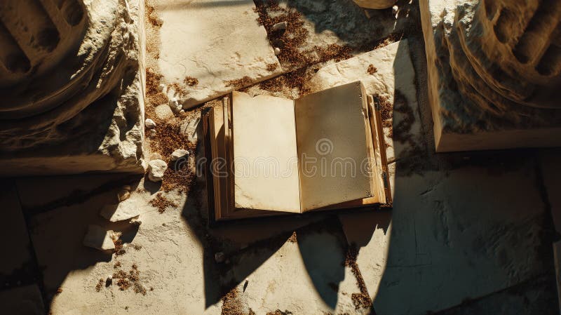 A Relic Book Lying Open on Cracked Stone in Ruins, Its Pages Catching ...