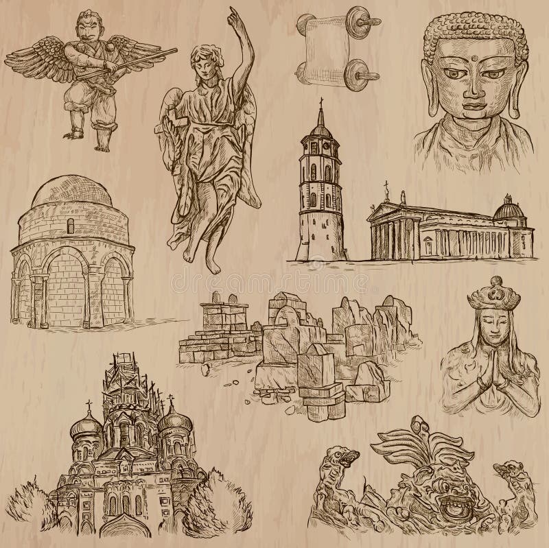 Religion Around the World - Vector Set. Hand Drawn Collection. Stock ...