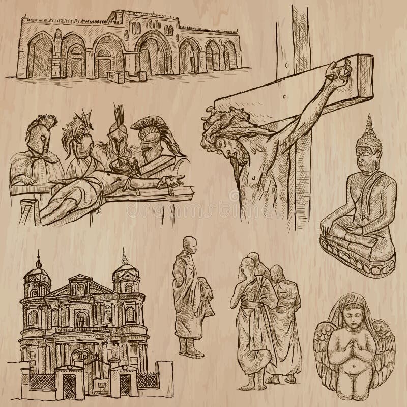 Religion Around the World - Vector Set. Hand Drawn Collection. Stock ...