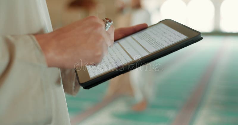 Religion, Islam and Hands with a Tablet at a Mosque for Communication ...