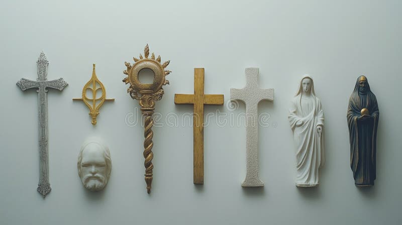 Religious Artifacts with Crosses, a Statue, and a Symbol on a Clean ...