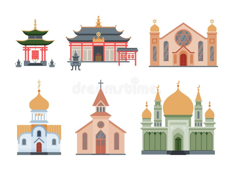 Religious Buildings with Different Churches and Temples Facades Vector ...
