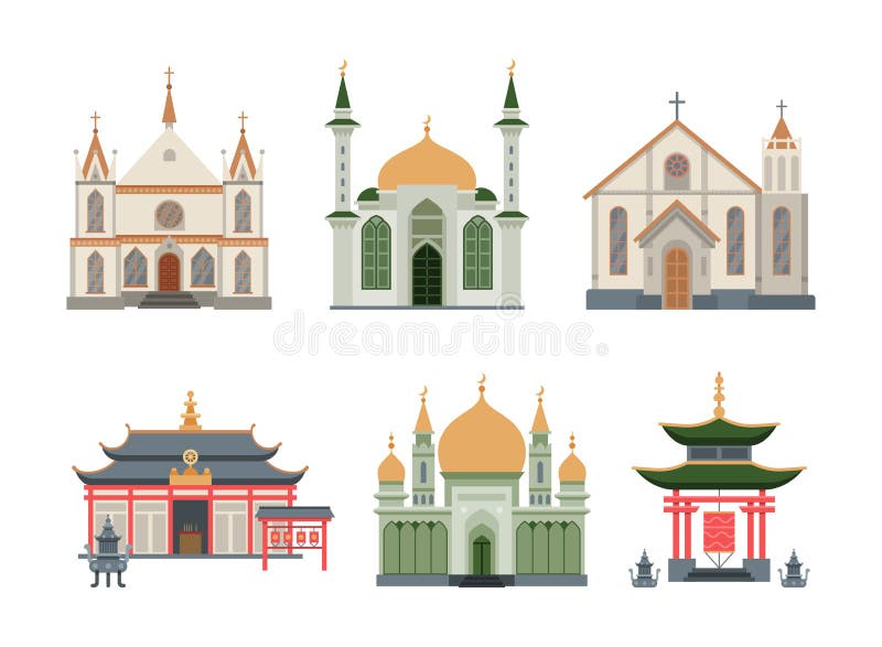 Religious Buildings with Different Churches and Temples Facades Vector ...