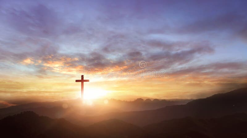 Christian Wooden Cross on Sunset Background Stock Photo - Image of ...