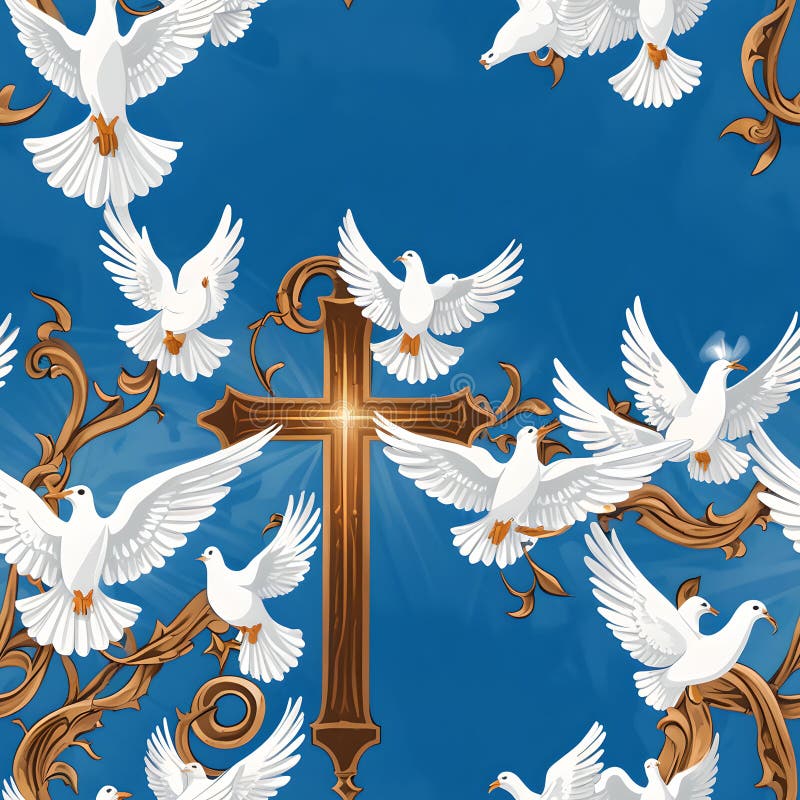 Religious, Doves with Cross in Sky of Stars Seamless Pattern Stock ...