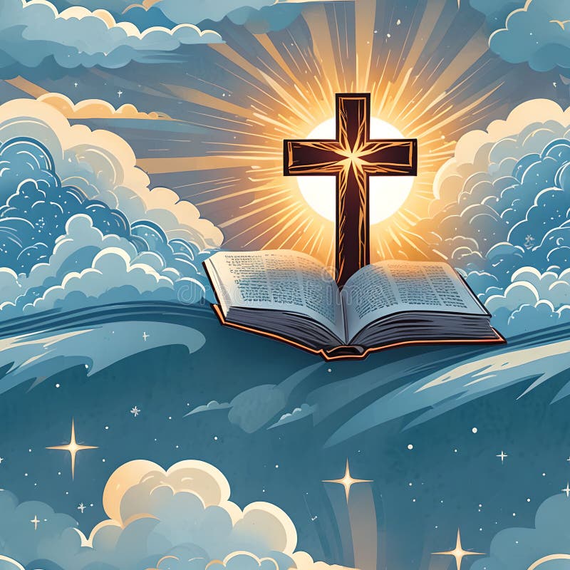 Religious, Easter, Bible, Book with Cross in Sky of Stars Seamless ...