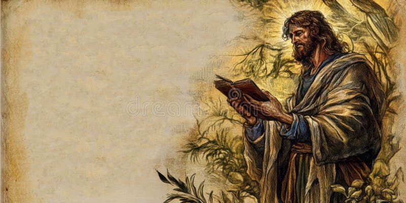 Religious Figure Reading in Nature Setting. Stock Illustration ...
