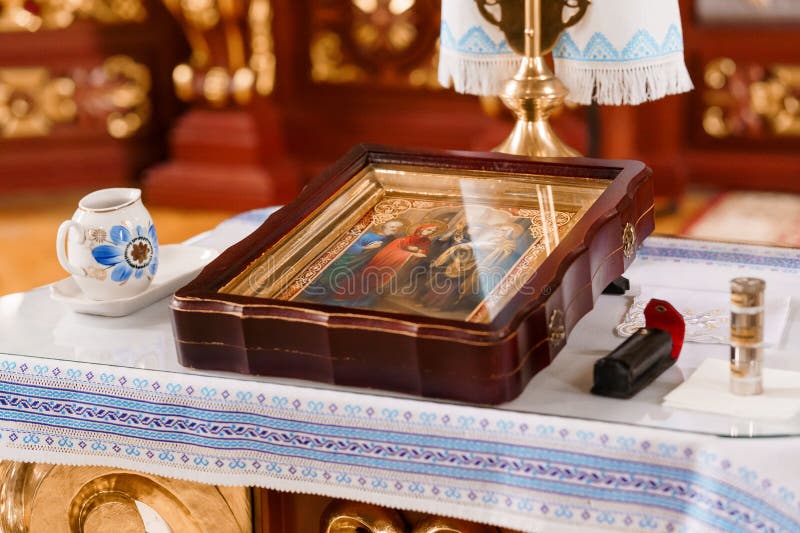 Religious Icon Displayed on an Ornate Altar with Decorative Items Stock ...