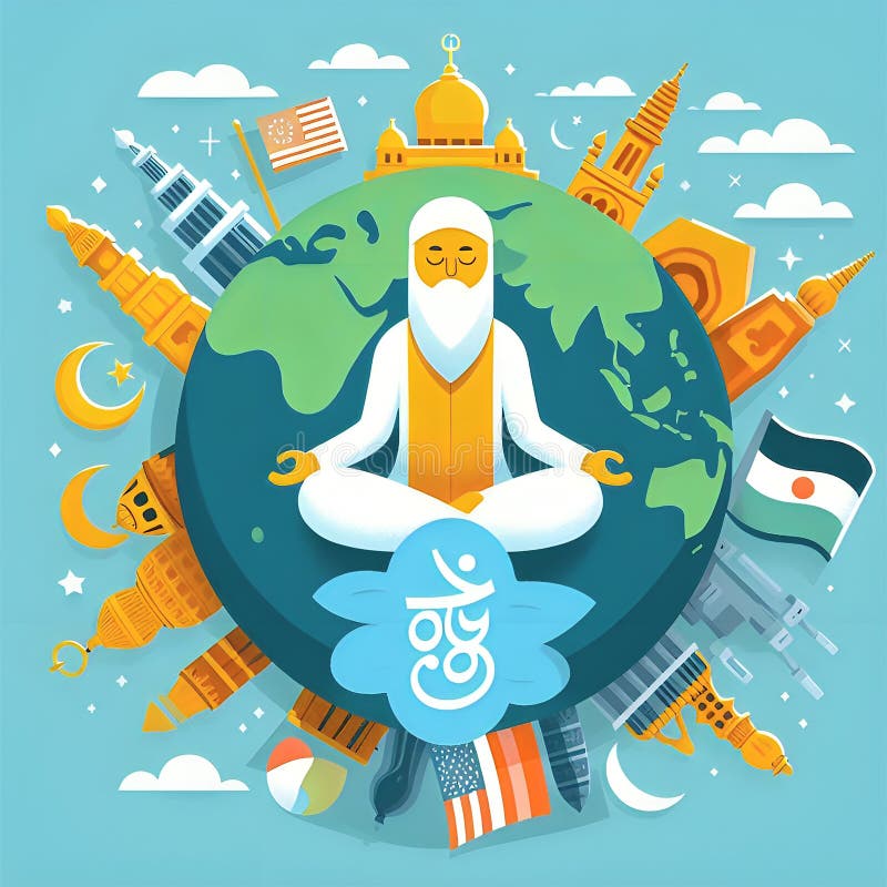 Religious Man Doing Meditating with Globe and Religion Building. AI ...