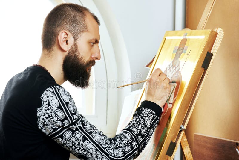 Religious Painter Man Paints a New Icon Stock Image - Image of orthodox ...