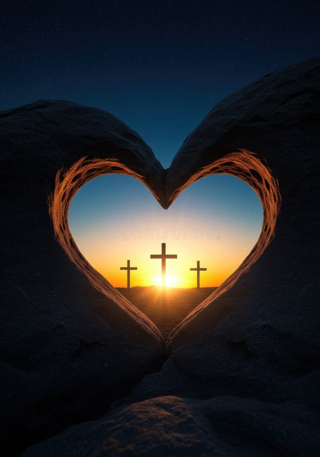 Religious Scene of Calvary Viewed through a Heart Stock Illustration ...