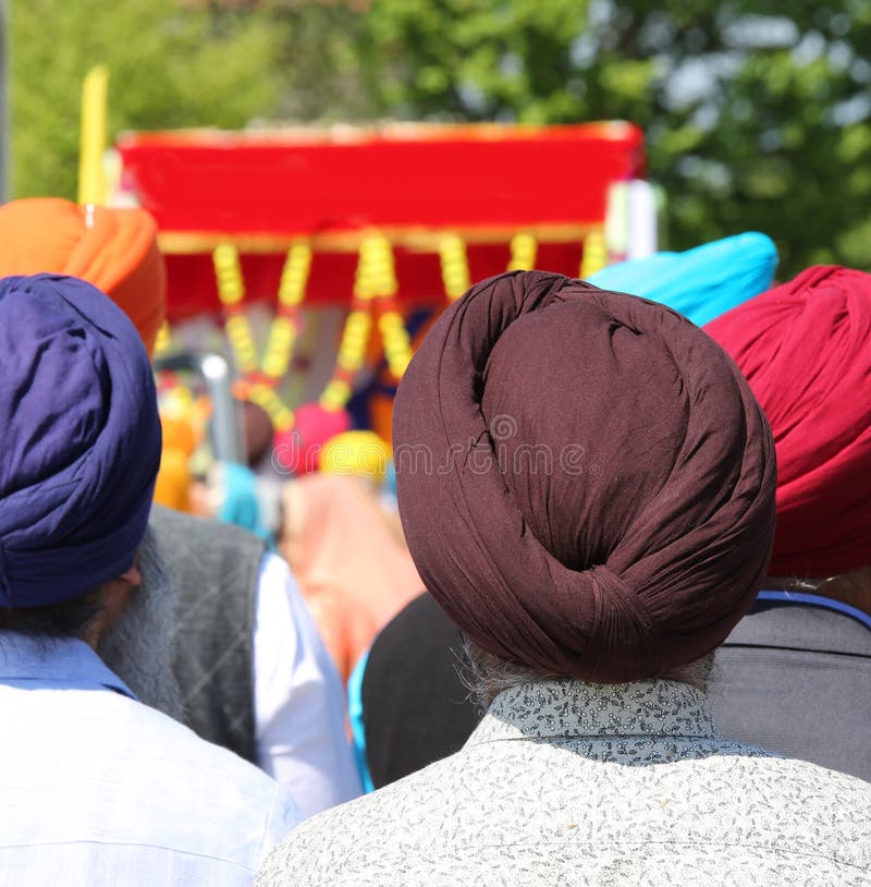Religious Sikh Procession with Men with Great Turbans Dyes Stock Image ...