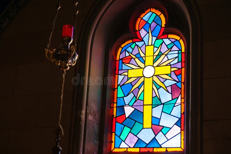 Religious Theme Yellow Cross in Leadlight Window with Colours Blue,red ...