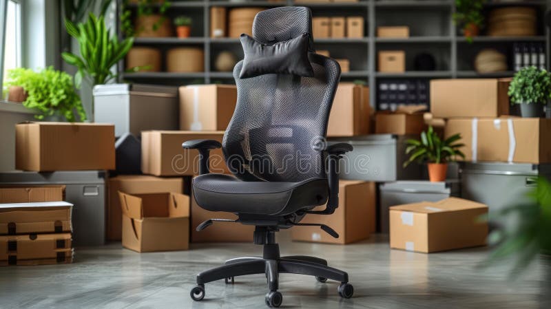 Relocating Office Essentials: Stack of Cardboard Boxes, Office Chair ...