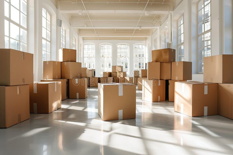 Relocation Concept. Empty Modern Room with Scattered Cardboard Boxes ...