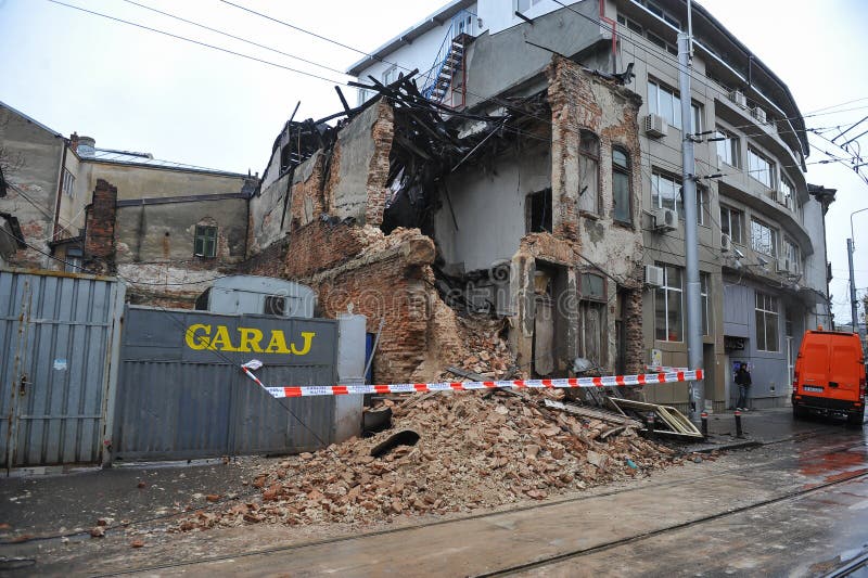 Remains of a Collapsed Old Building on a Street of Bucharest Editorial ...