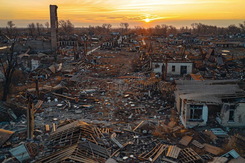 The Remains of Destroyed Buildings and Debris on the Field after a ...
