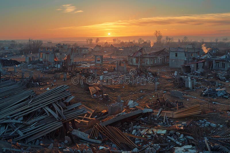 The Remains of Destroyed Buildings and Debris on the Field after a ...