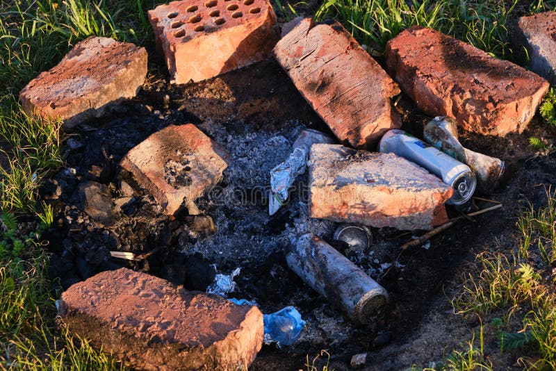 Remains Extinguished Bonfire and Abandoned Garbage, Environmental ...